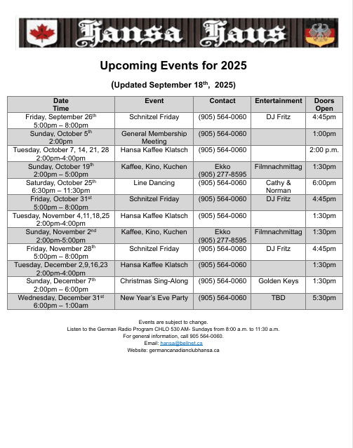 Upcoming Events - German Canadian Club Hansa - Event Planning