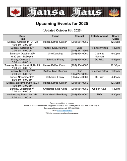 Upcoming Events - German Canadian Club Hansa - Event Planning